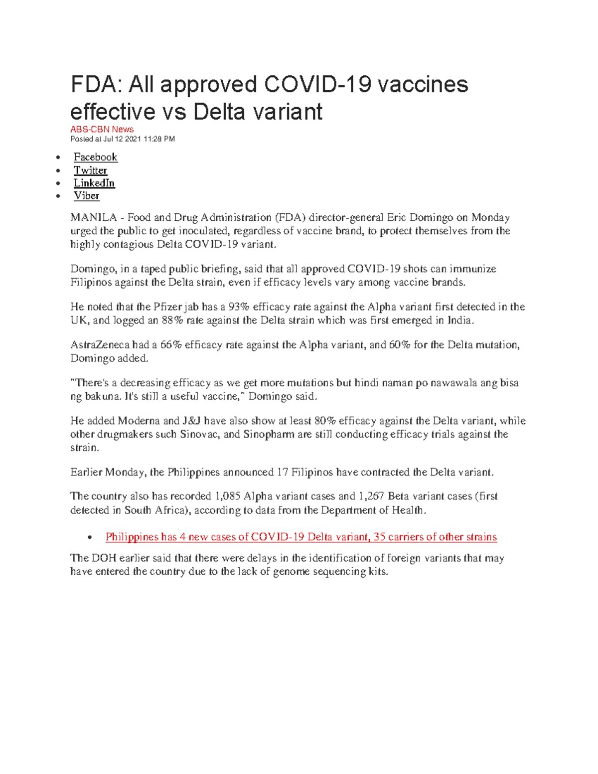 FDA - NEWS REPORT FROM THE INTERNET REFLECTION AND ANALYSIS ASSIGNMENT ...