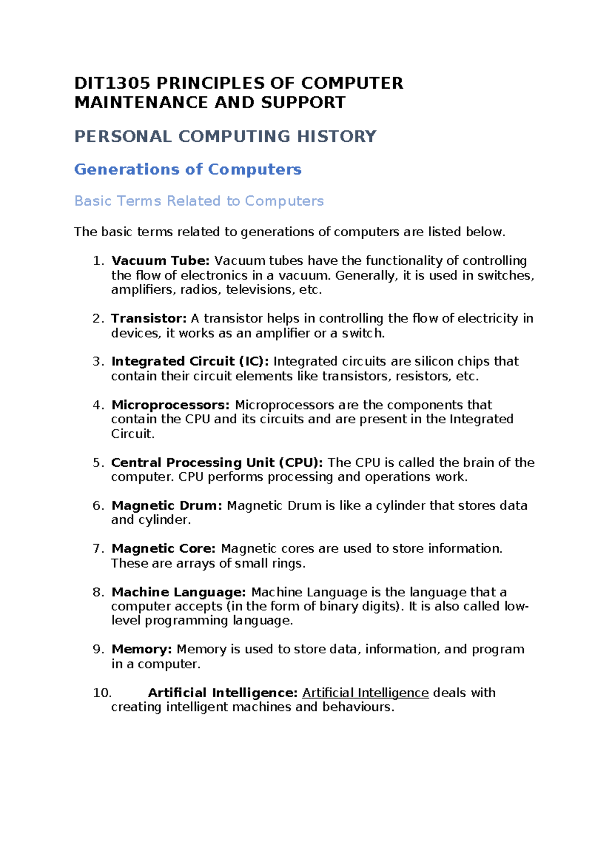 DIT1305 Principles OF Computer Maintenance AND Support - DIT1305 ...