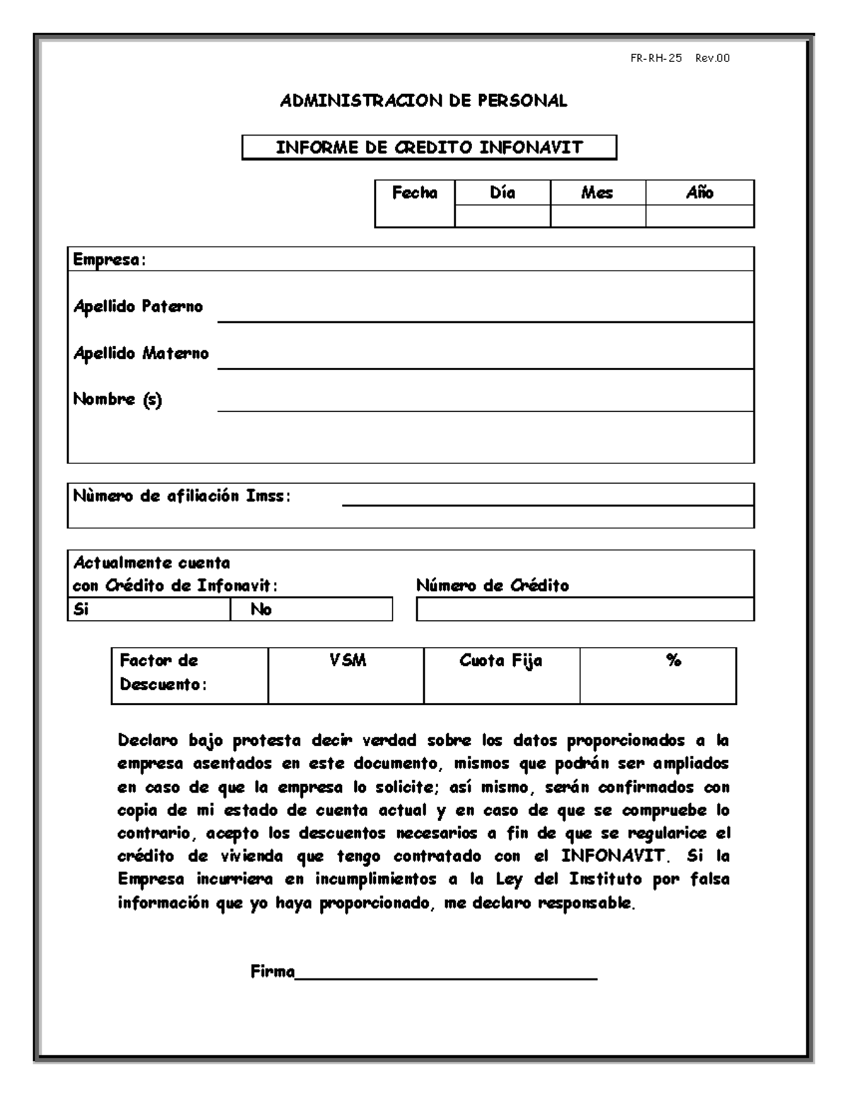 Formato-Infonavit - SDASDA - FR-RH-25 Rev. ADMINISTRACION DE PERSONAL ...