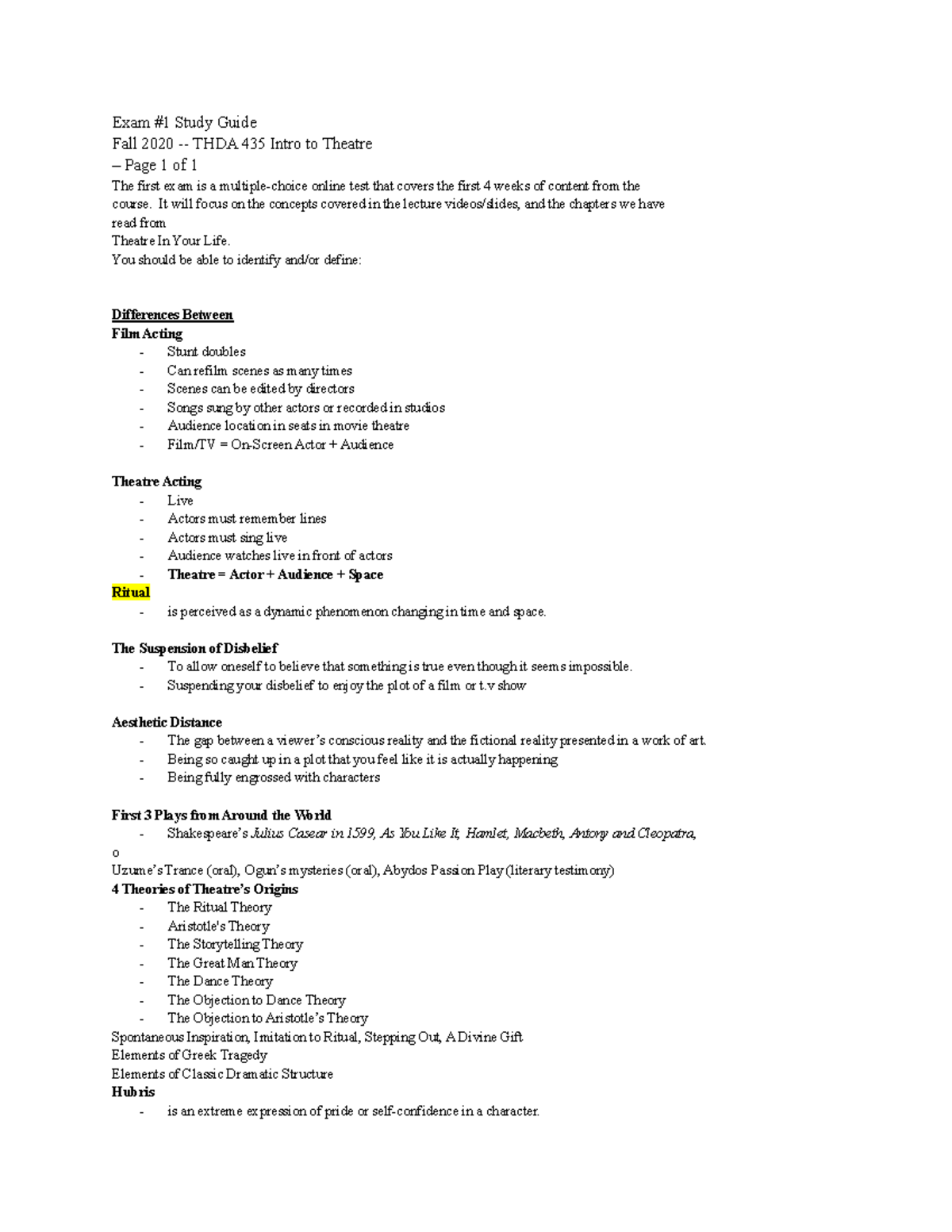 THDA Exam #1 Study Guide - Exam #1 Study Guide Fall 2020 - THDA 435 ...