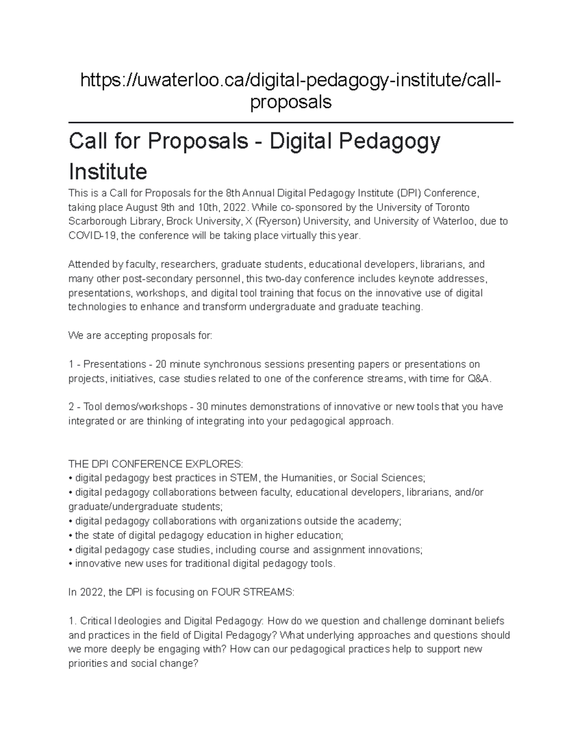 May 1st Call for Proposals - Digital Pedagogy Institute - uwaterloo ...