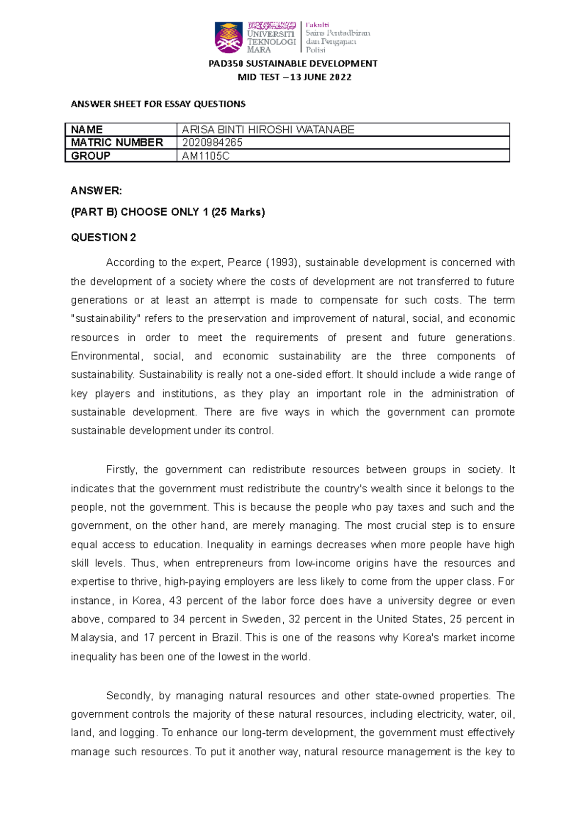 PAD350 Answer Sheet (1) (1) - PAD350 SUSTAINABLE DEVELOPMENT MID TEST ...