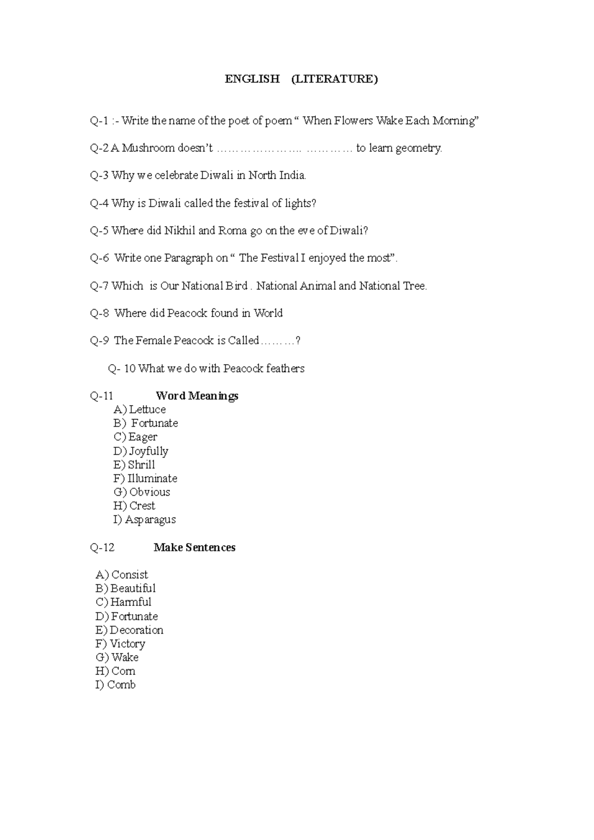 English Assignment Class 4 ENGLISH LITERATURE Q 1 Write The