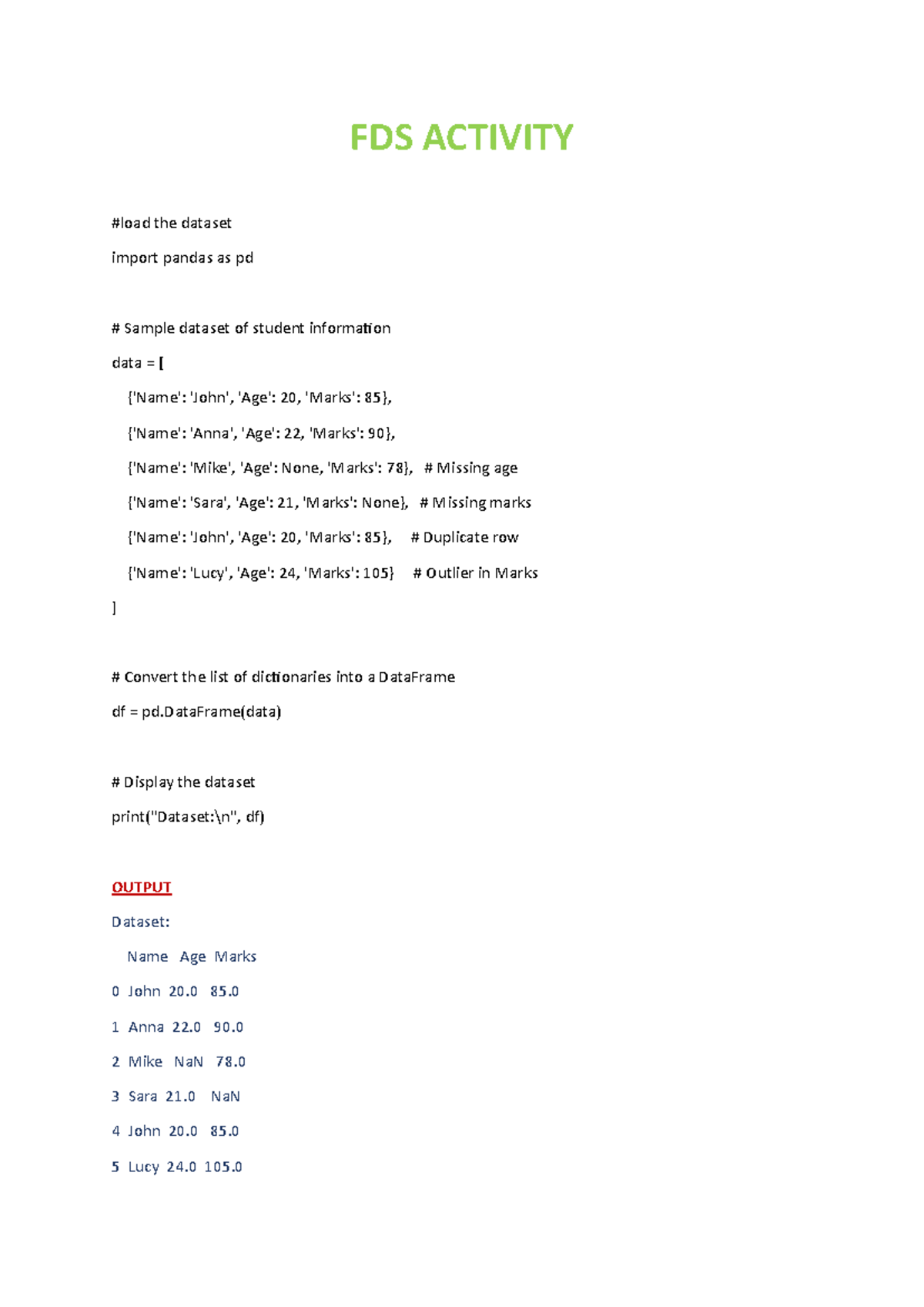 FDS Activity - Nothing...... - FDS ACTIVITY #load the dataset import pandas as pd Sample dataset ...