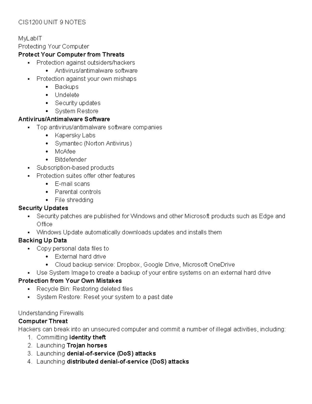 CIS1200 UNIT 9 Notes - UNIT 9 - CIS1200 UNIT 9 NOTES MyLabIT Protecting ...