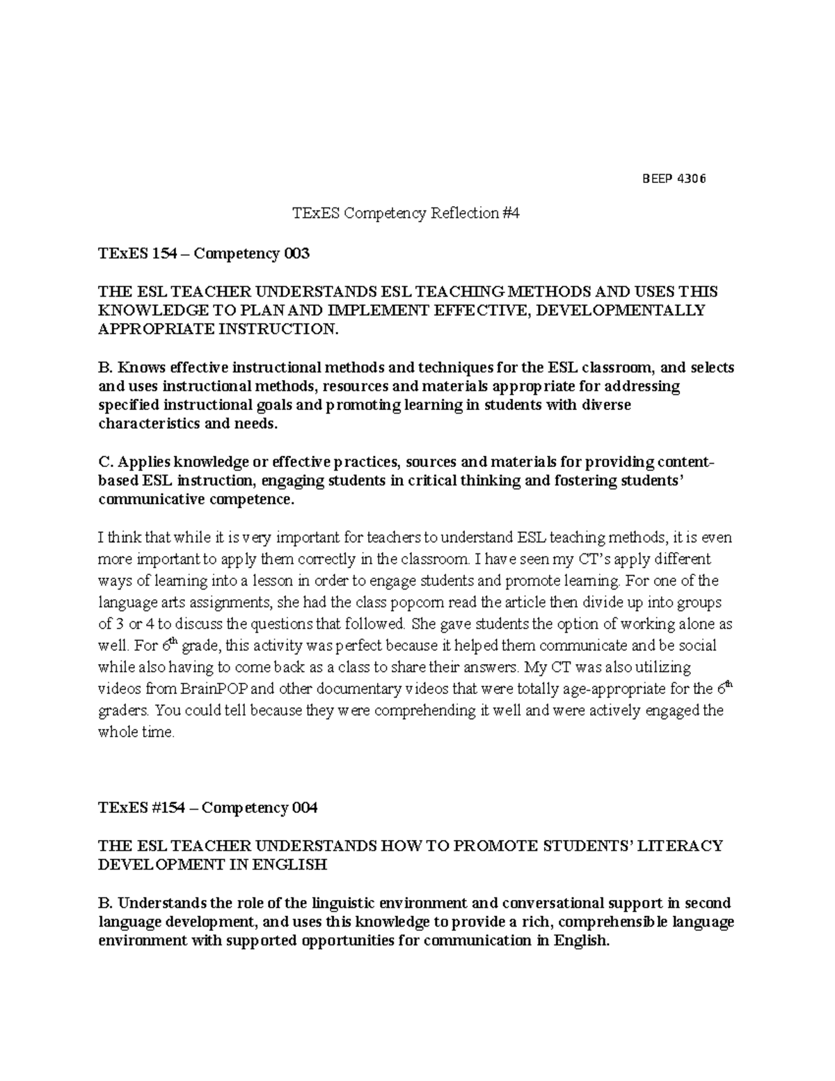 TExES Competency Reflection 3 - BEEP 4306 TExES Competency Reflection # TExES 154 – Competency ...