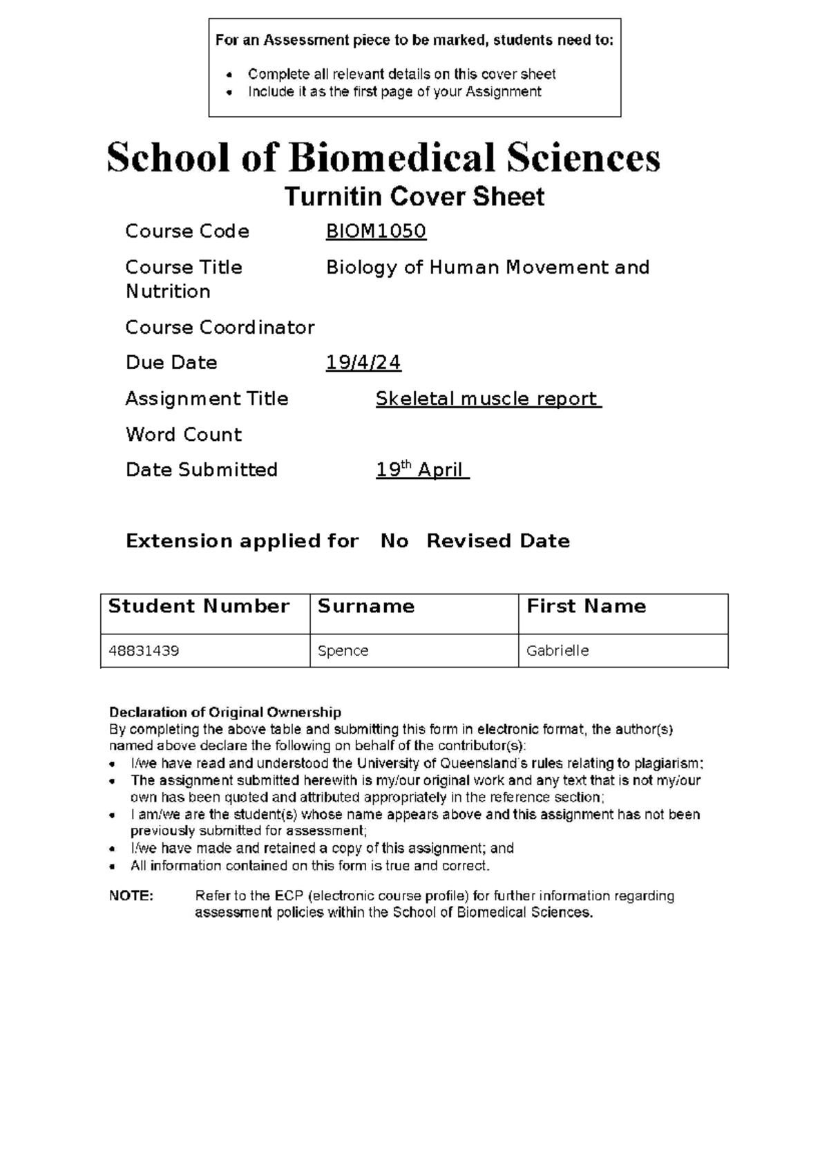 Sk M Report BIOM1050 Gabby Spence - Course Code BIOM Course Title ...