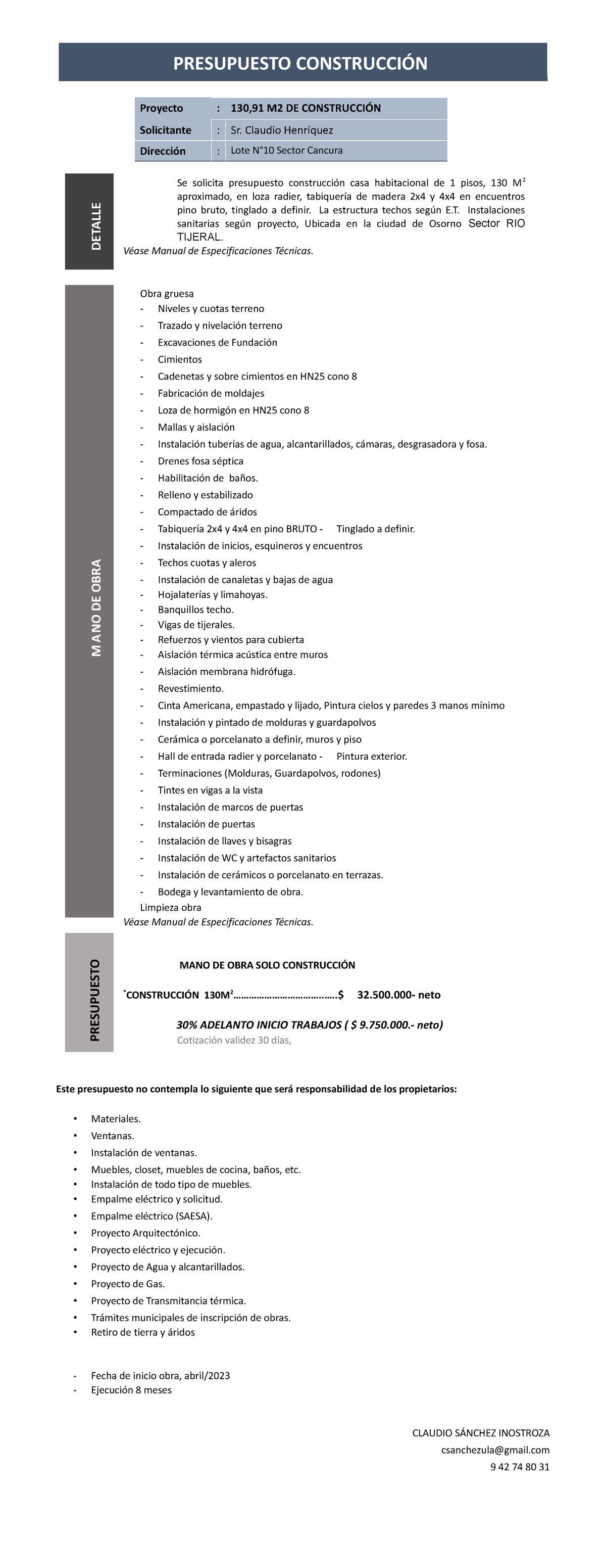 Claudio Henriquez - Apuntes de costos - PRESUPUESTO CONSTRUCCIÓN ...