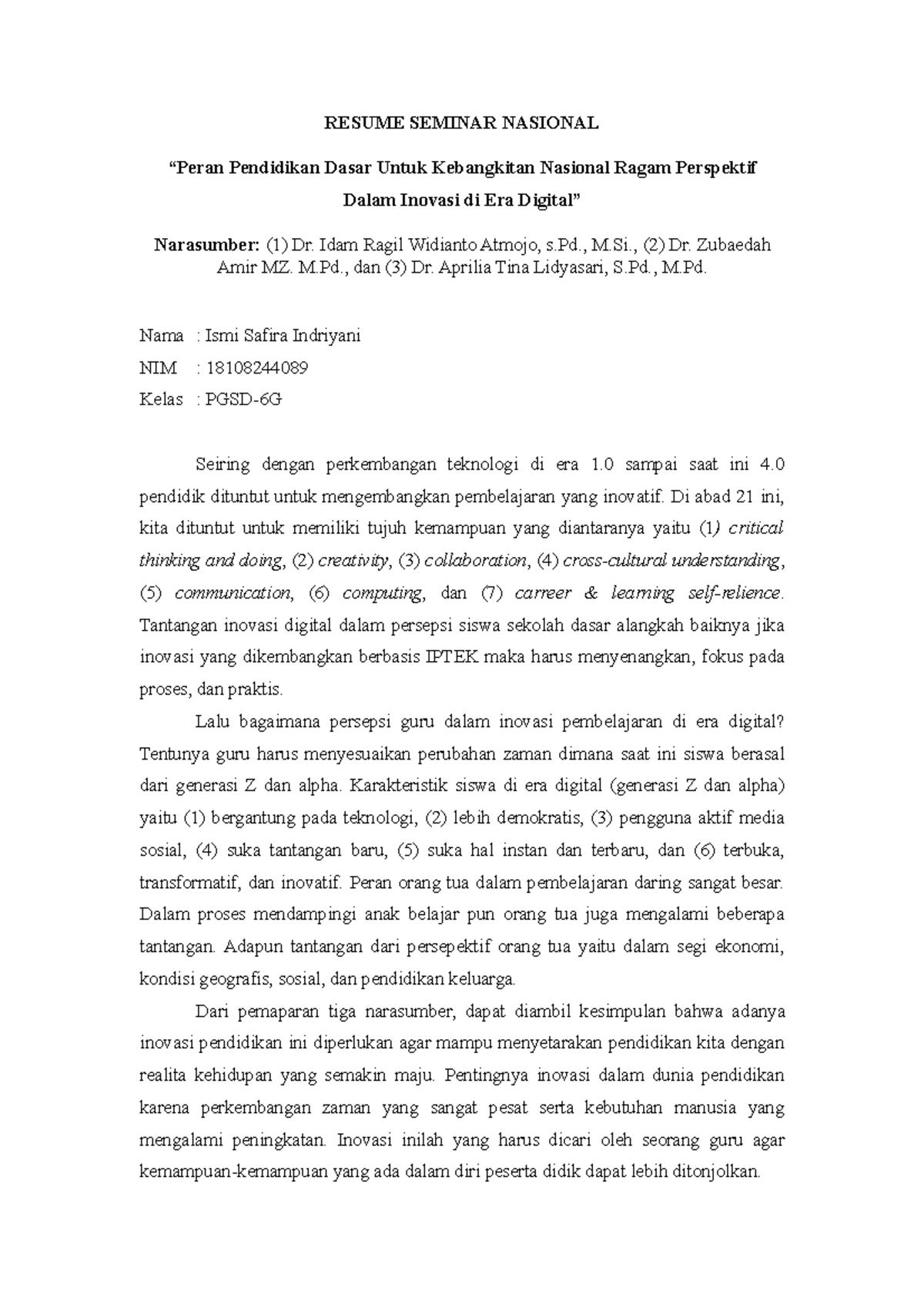 Resume Seminar Nasional - RESUME SEMINAR NASIONAL “Peran Pendidikan Dasar Untuk Kebangkitan ...