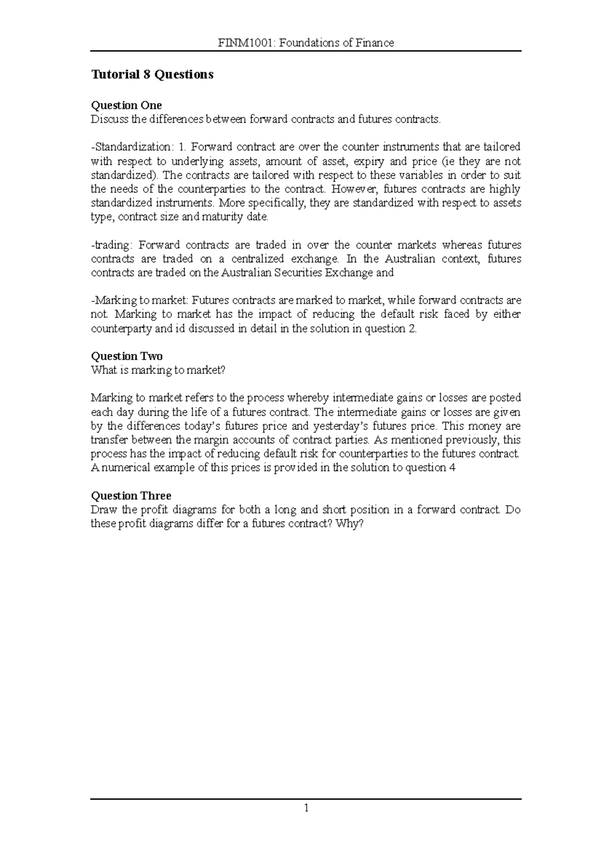 Tutorial 8 Questions - FINM1001: Foundations of Finance Tutorial 8 ...