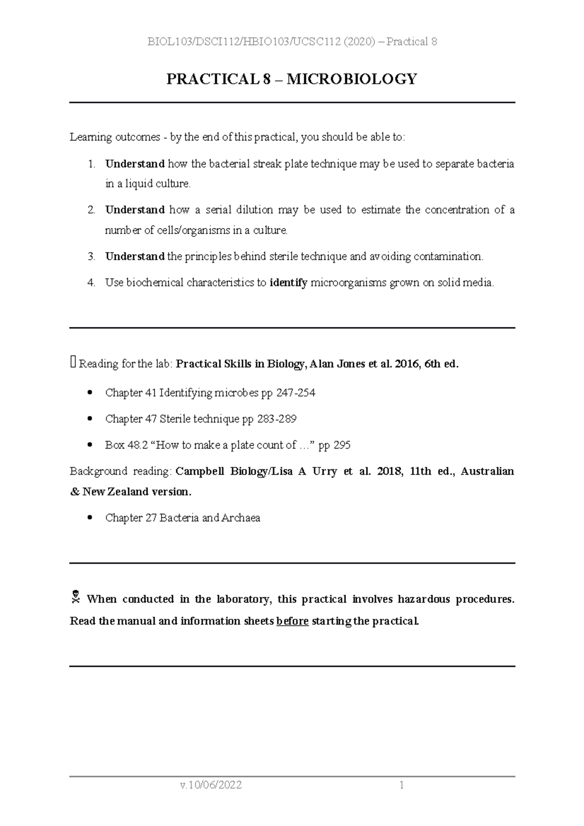 BIOL103 (2020) Practical 8 - Microbiology (manual pages) 202011 04 ...