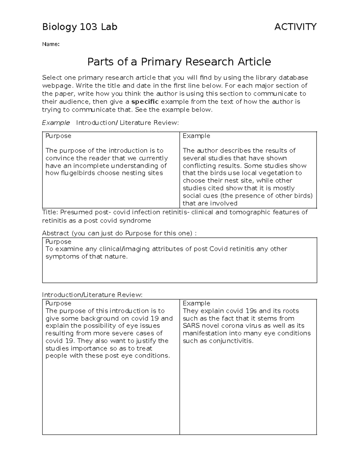 Library Worksheet 2 - Name: Parts of a Primary Research Article Select ...