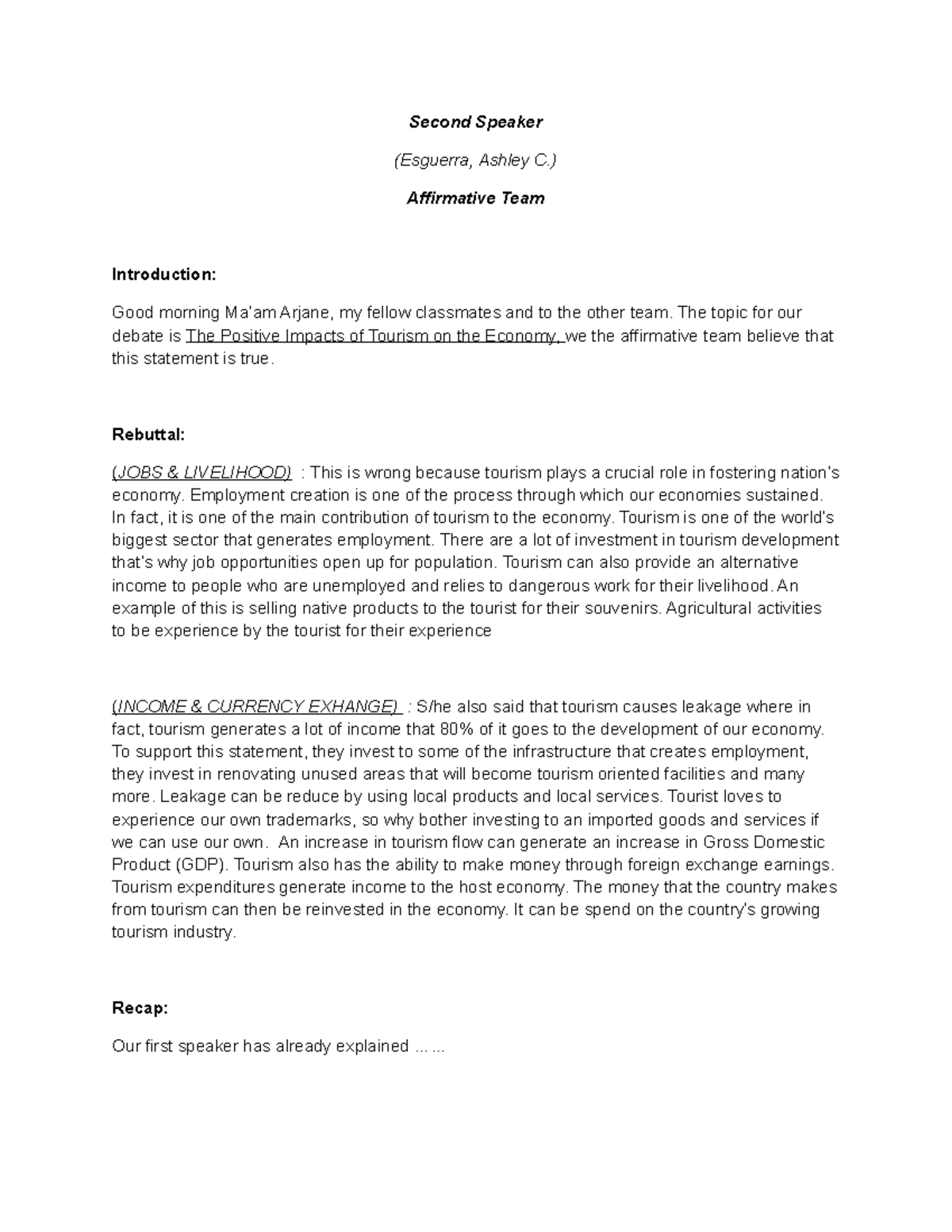 Positive-impact-of-tourism-on-the-economy - Second Speaker (Esguerra ...