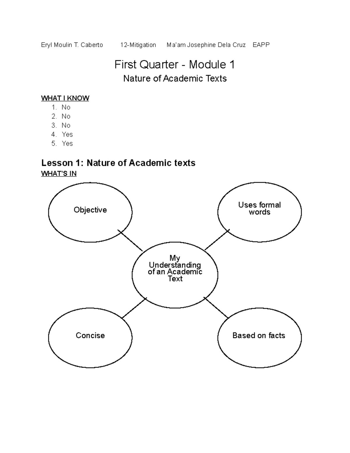 First Quarter - Module 1 Nature of Academic Texts - Eryl Moulin T ...