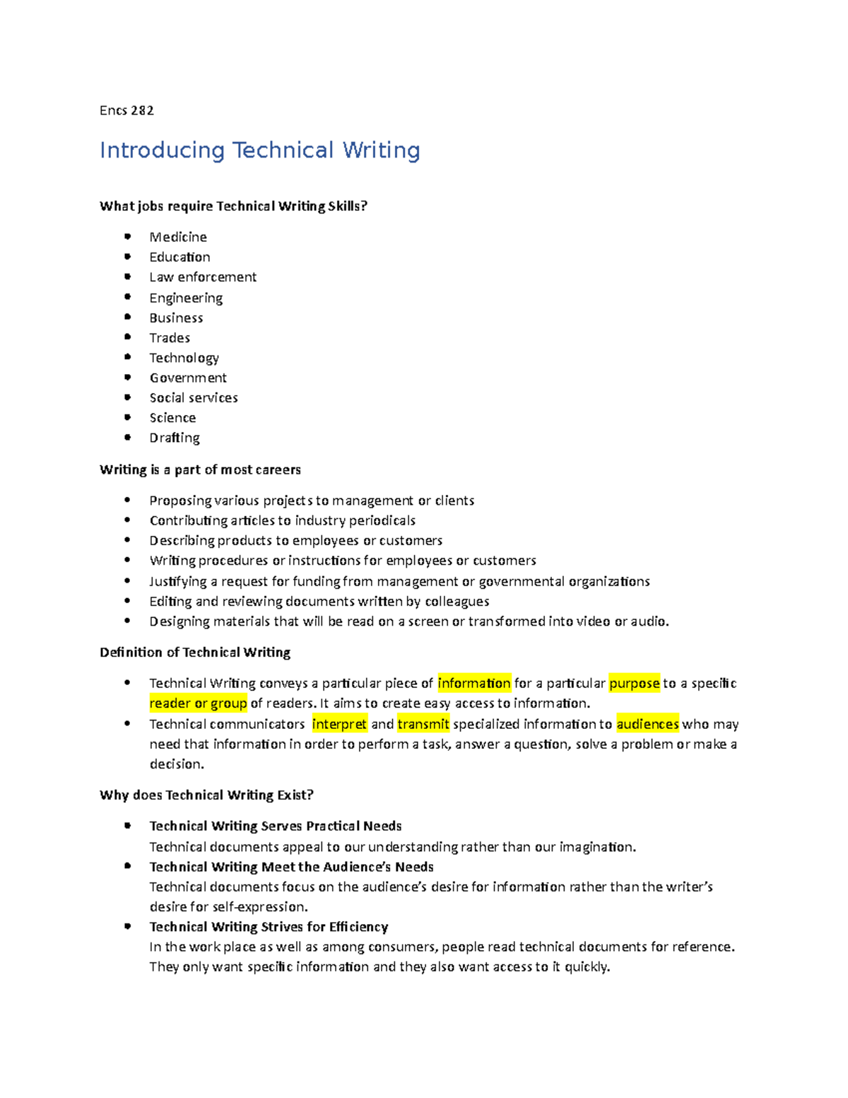Encs 282 notes - Encs 282 Introducing Technical Writing What jobs ...
