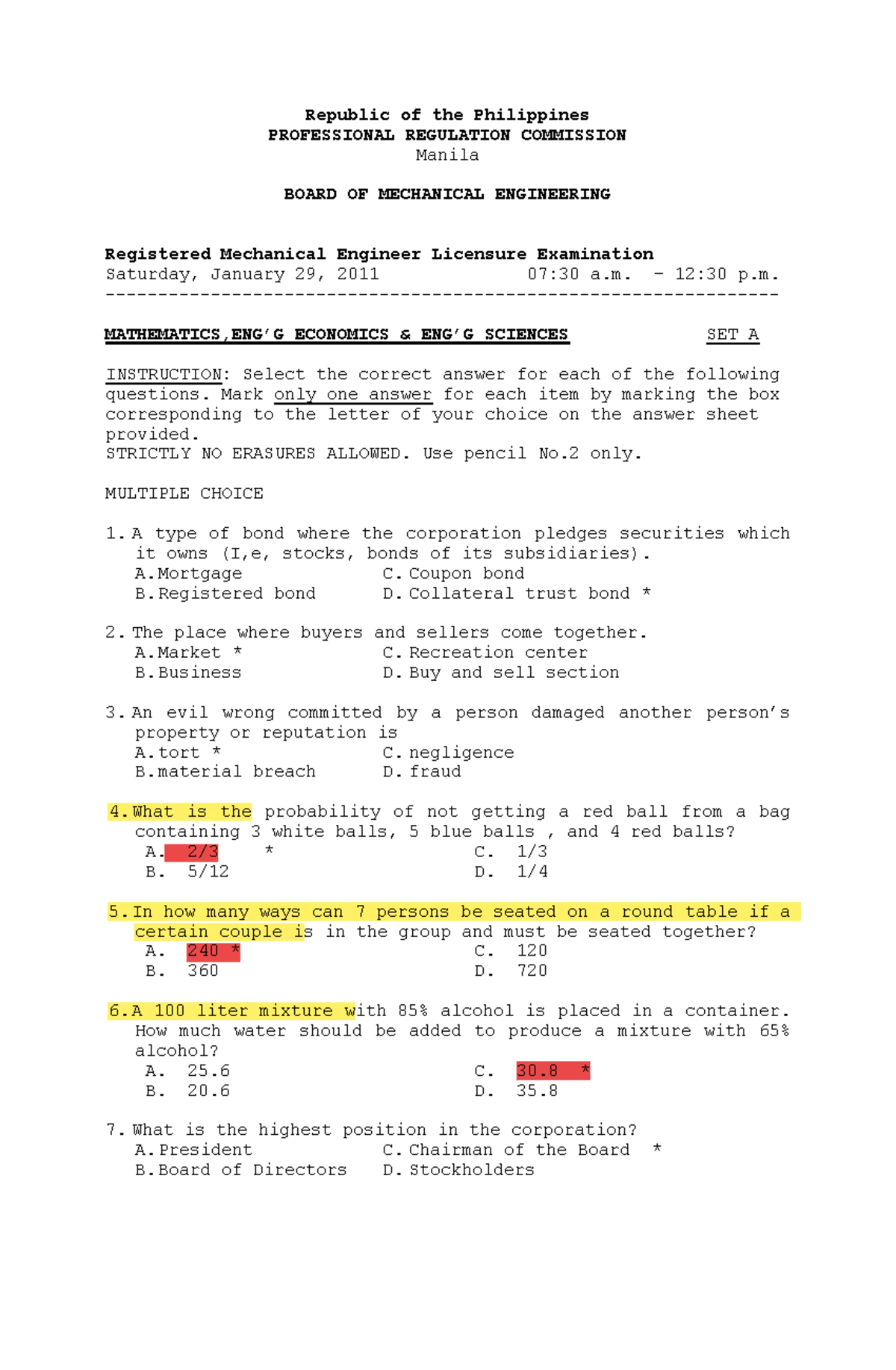 MESL PRE Board January 2011 - Republic of the Philippines PROFESSIONAL ...