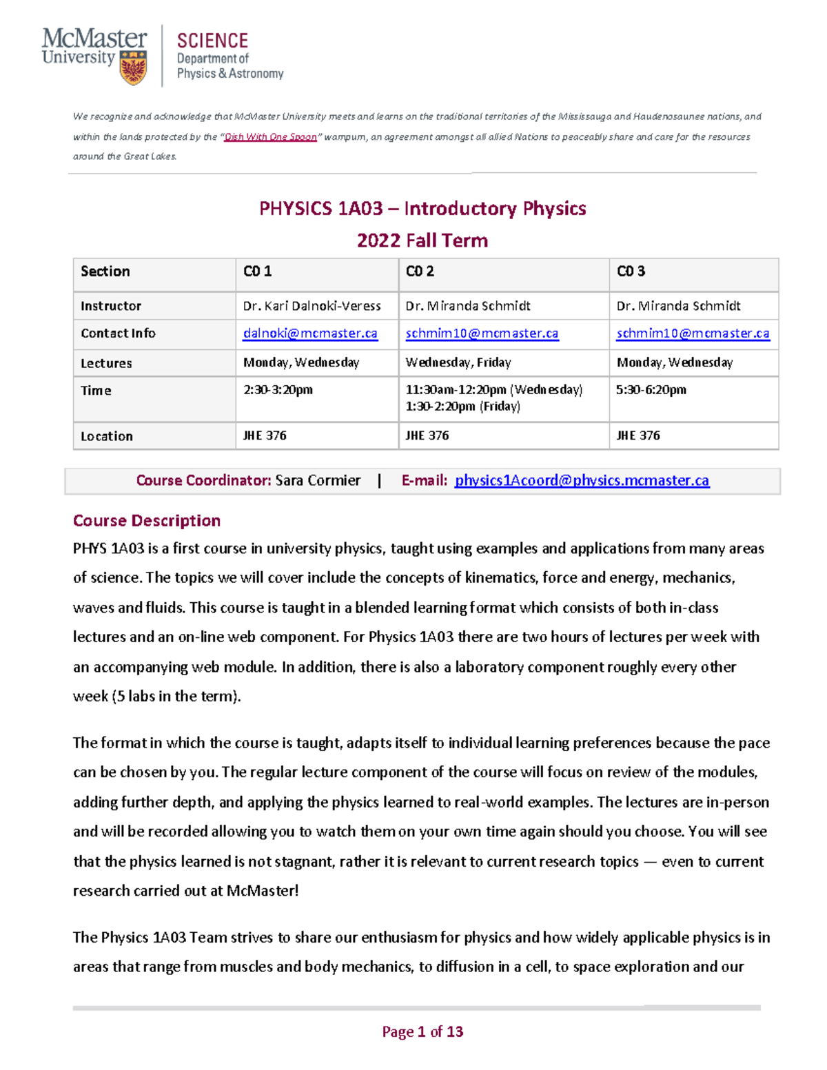 Physics 1A03 – Introductory Physics - F2022 v2 Aug 30 - We recognize ...