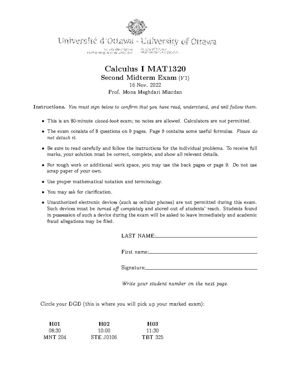 MAT1320H,V1 updated (1) - Calculus I MAT Second Midterm Exam (V 1) 16 Nov. 2022 Prof. Mona ...