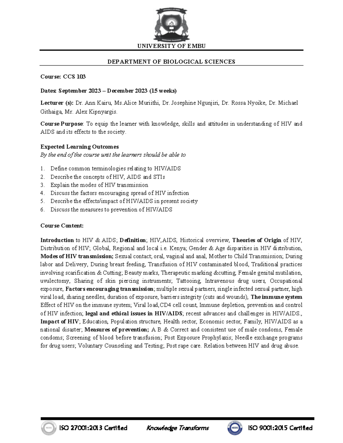 CCS 103 HIV- AIDS course outline 2023 24 - UNIVERSITY OF EMBU ...