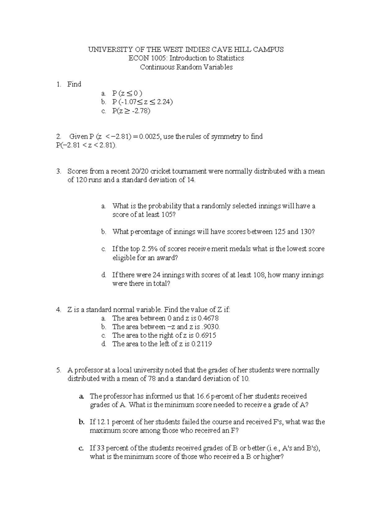 Tutorial 5 - Statistical Methods - UNIVERSITY OF THE WEST INDIES CAVE ...