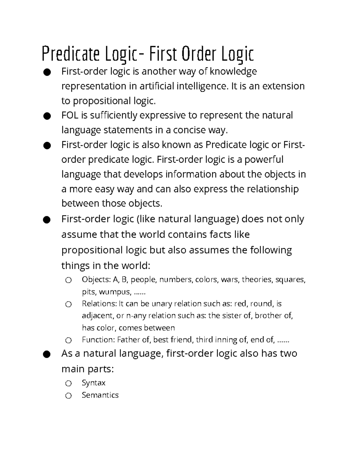 Unit 4 Fol Predicate Logic First Order Logic First Order Logic Is Another Way Of Knowledge