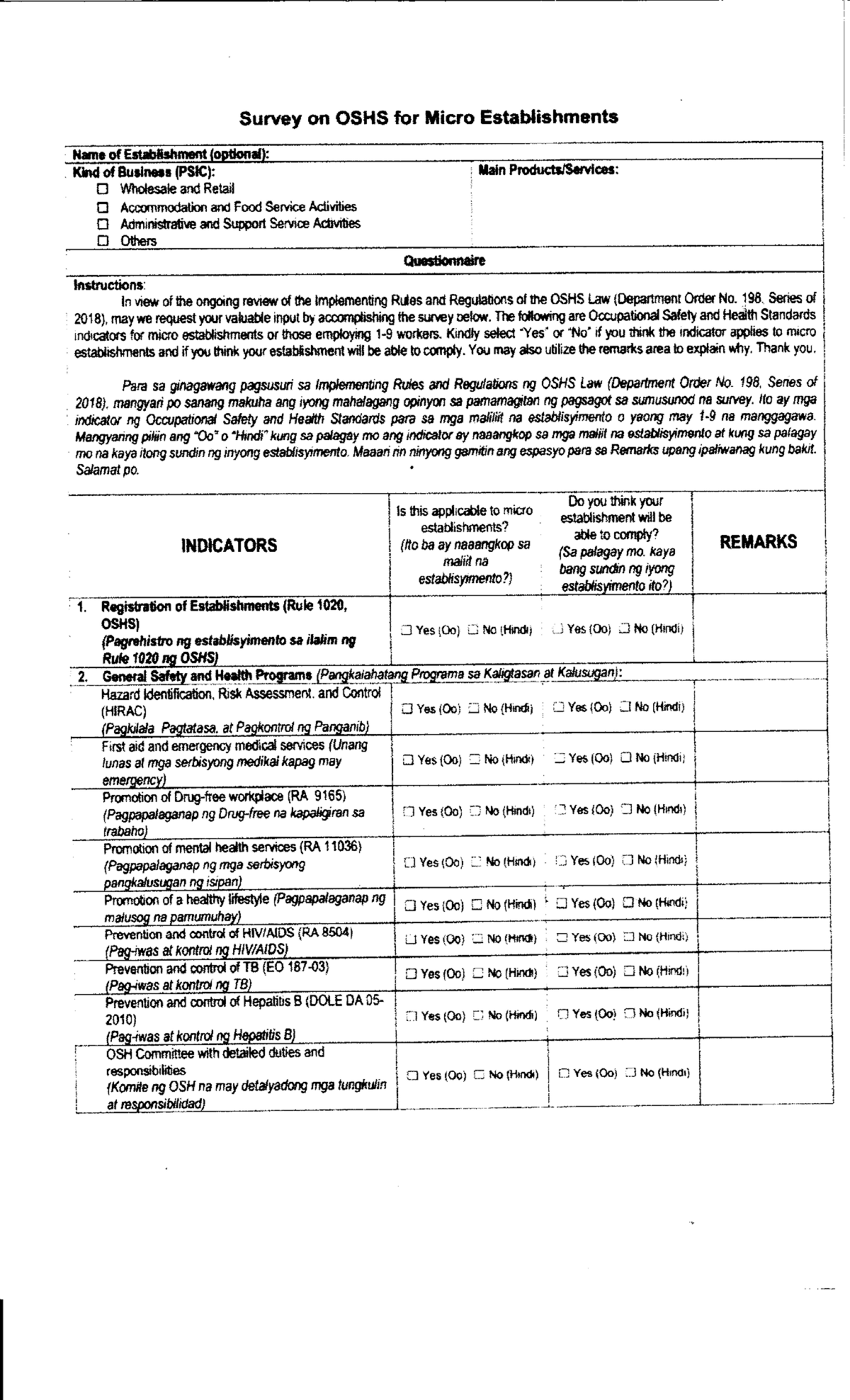 OSHS Survey FORM - Survey on OSHS for Micro Establishments Name of ...
