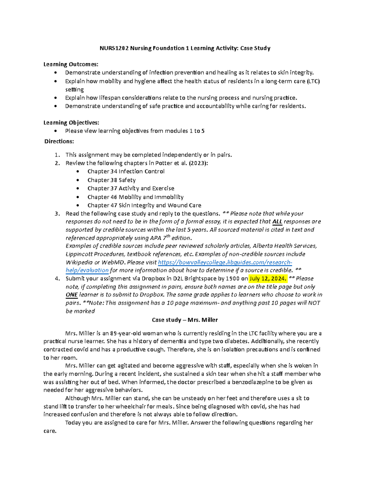 NURS1202 Nursing Foundation 1 Case Study Mrs Miller Updated Spring 24 ...