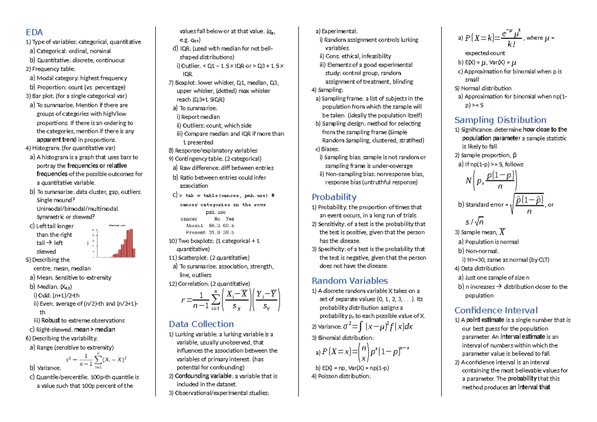 St1131 Final Cheatsheet Eda 1 Type Of Variables Categorical Quantitative A Categorical