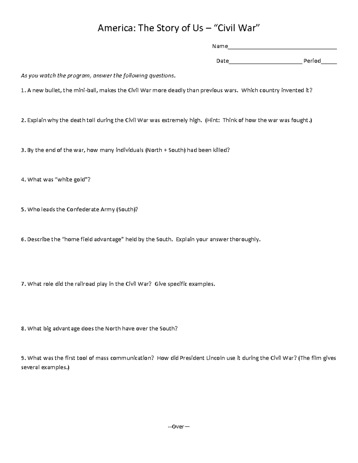 Story of Us Civil War - America: The Story of Us – “Civil War” - Studocu