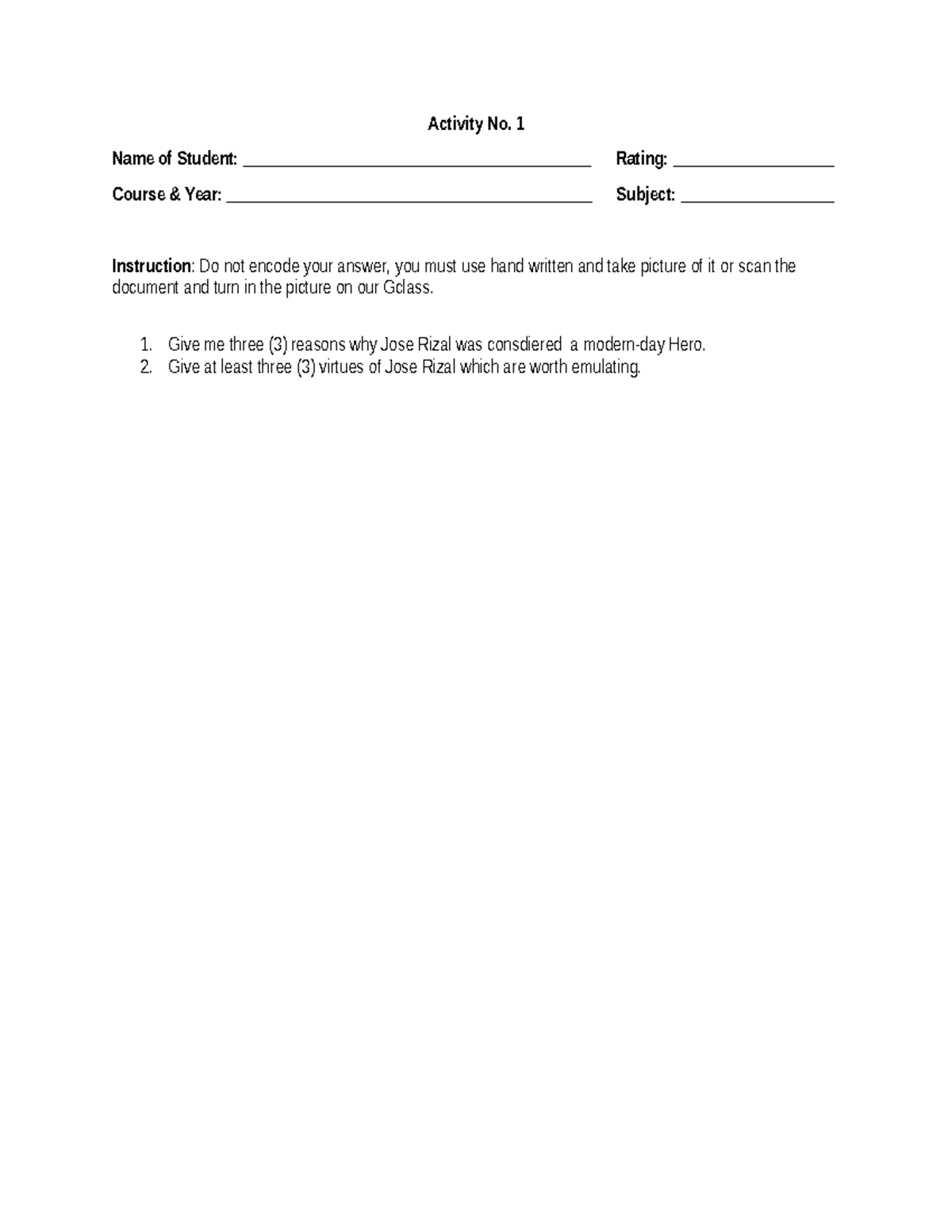 Activity No 1 of Life , Works, and Writings of Rizal - Activity No. 1 ...