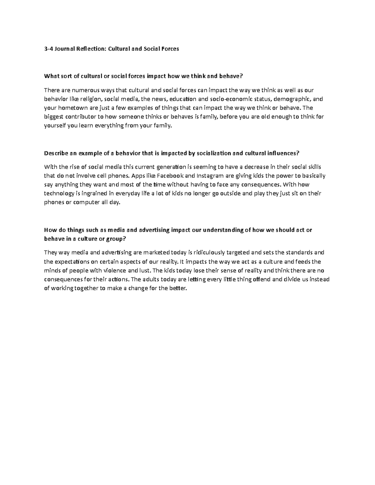 3-4 Journal Reflection - Cultural and Social Forces - 3-4 Journal ...
