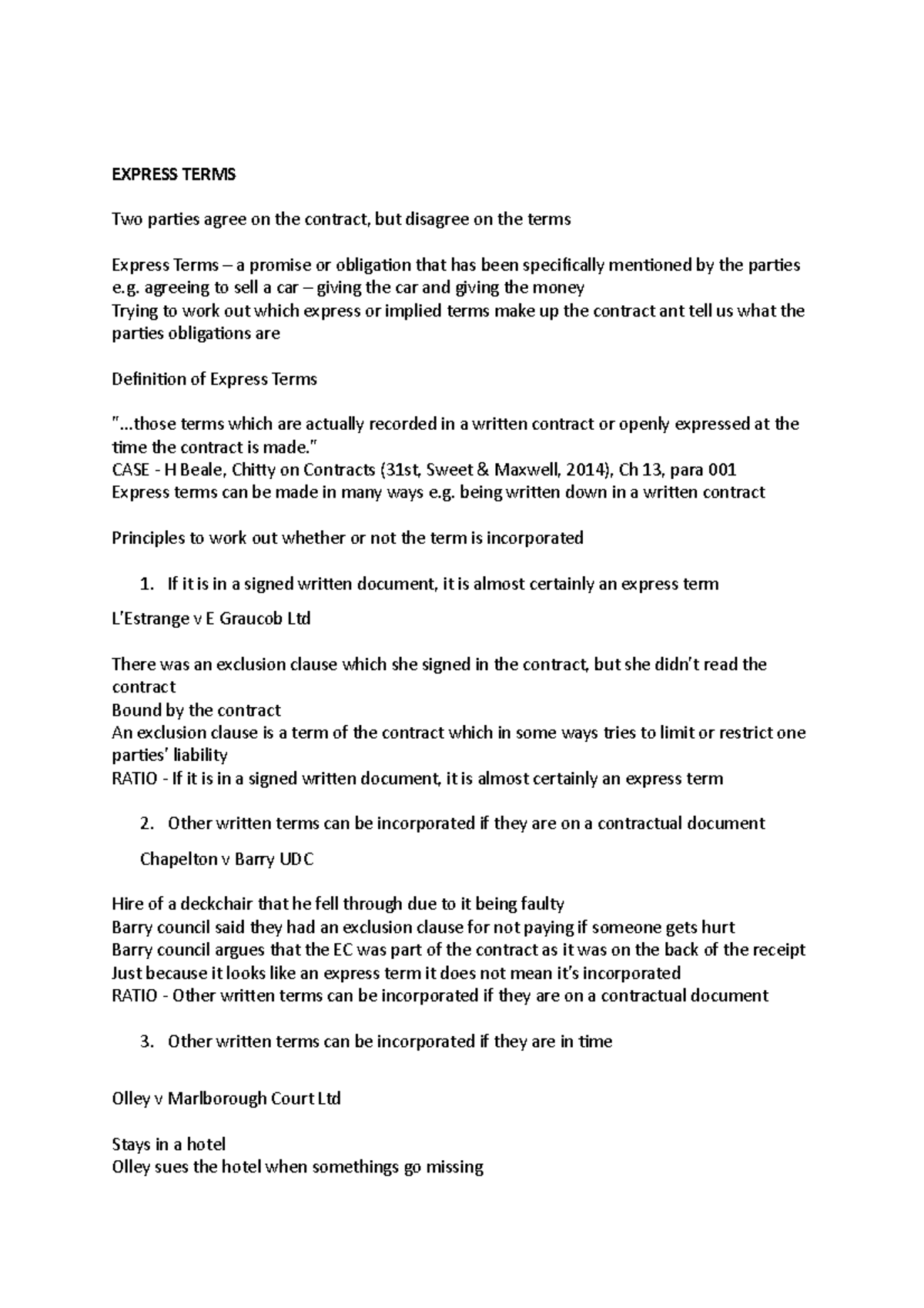 Law of Contract - EXPRESS TERMS Two parties agree on the contract, but ...