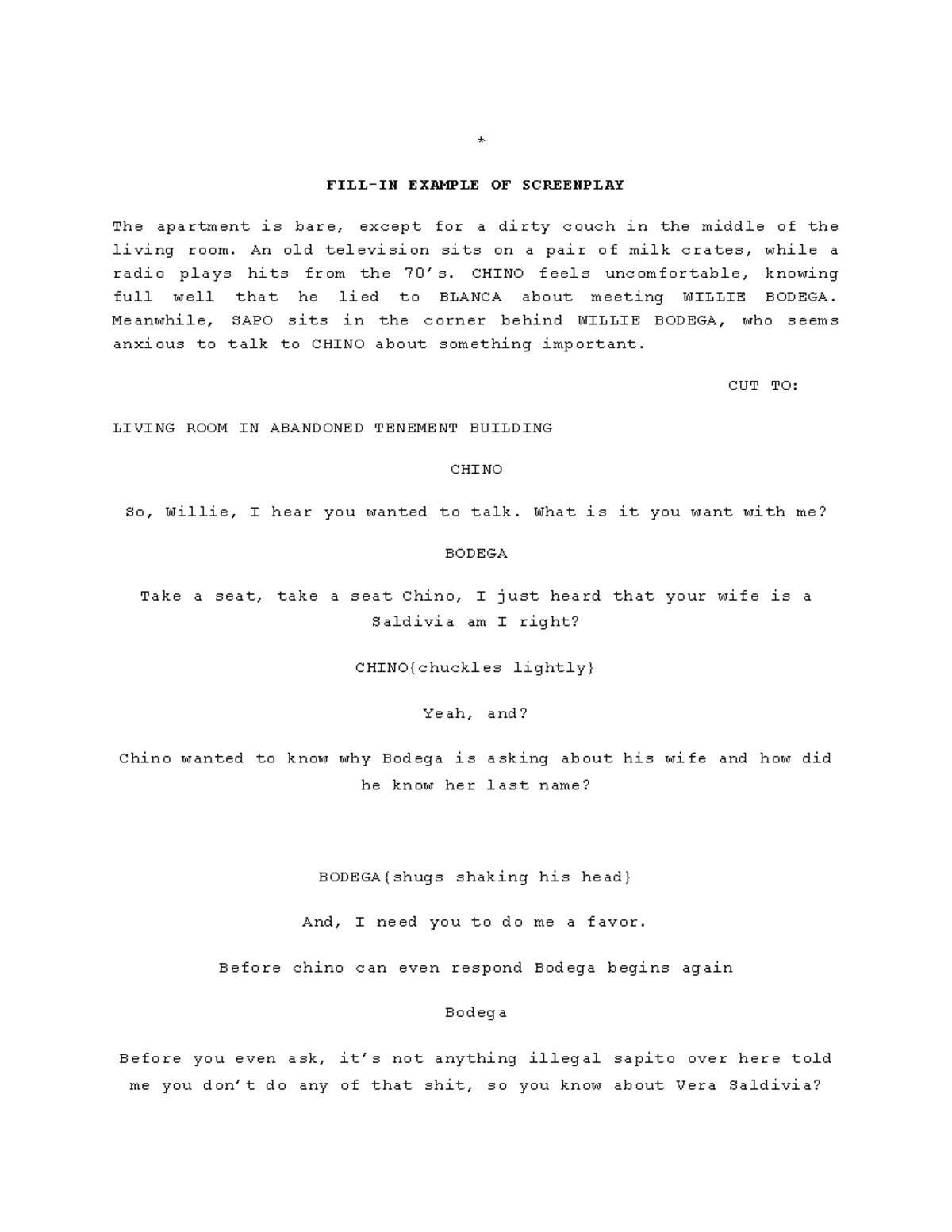 Bodega Dreams: The Screenplay - * FILL-IN EXAMPLE OF SCREENPLAY The ...