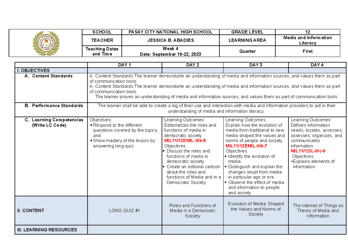 MIL 12 Q1 W4 - English subject - SCHOOL PASAY CITY NATIONAL HIGH SCHOOL ...