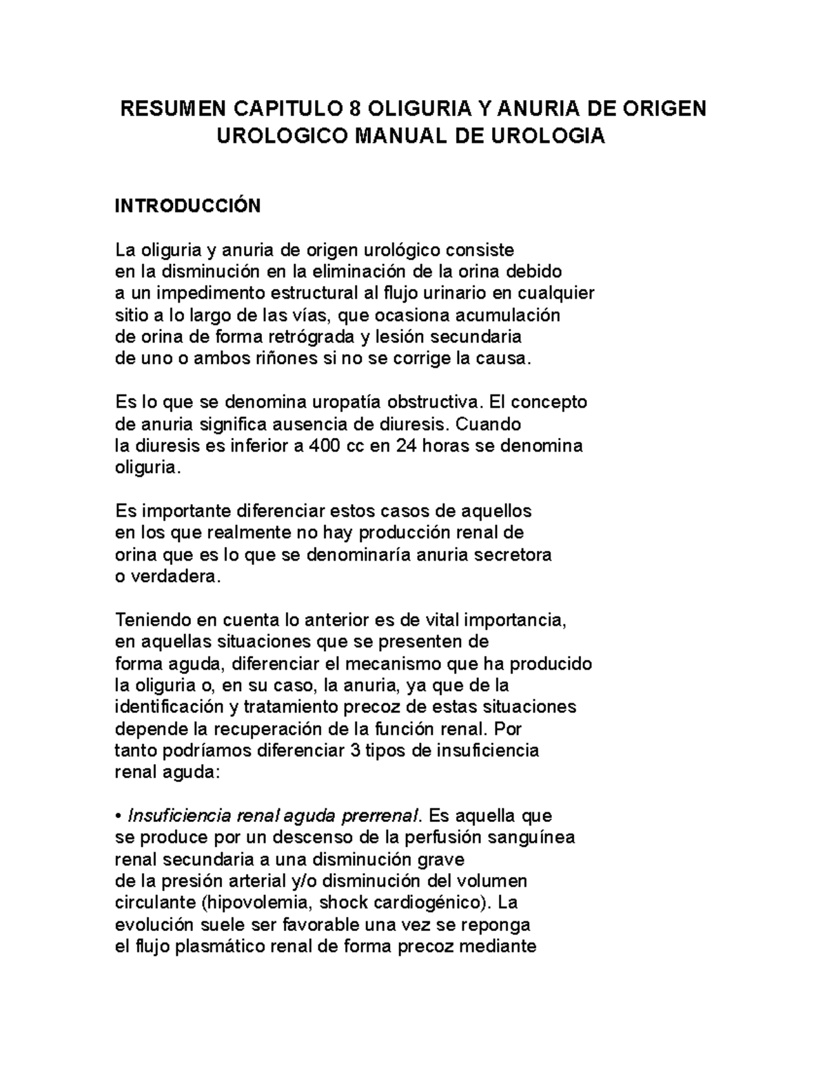 Resumen Capitulo 8 Oliguria Y Anuria DE Origen Urologico Manual DE ...