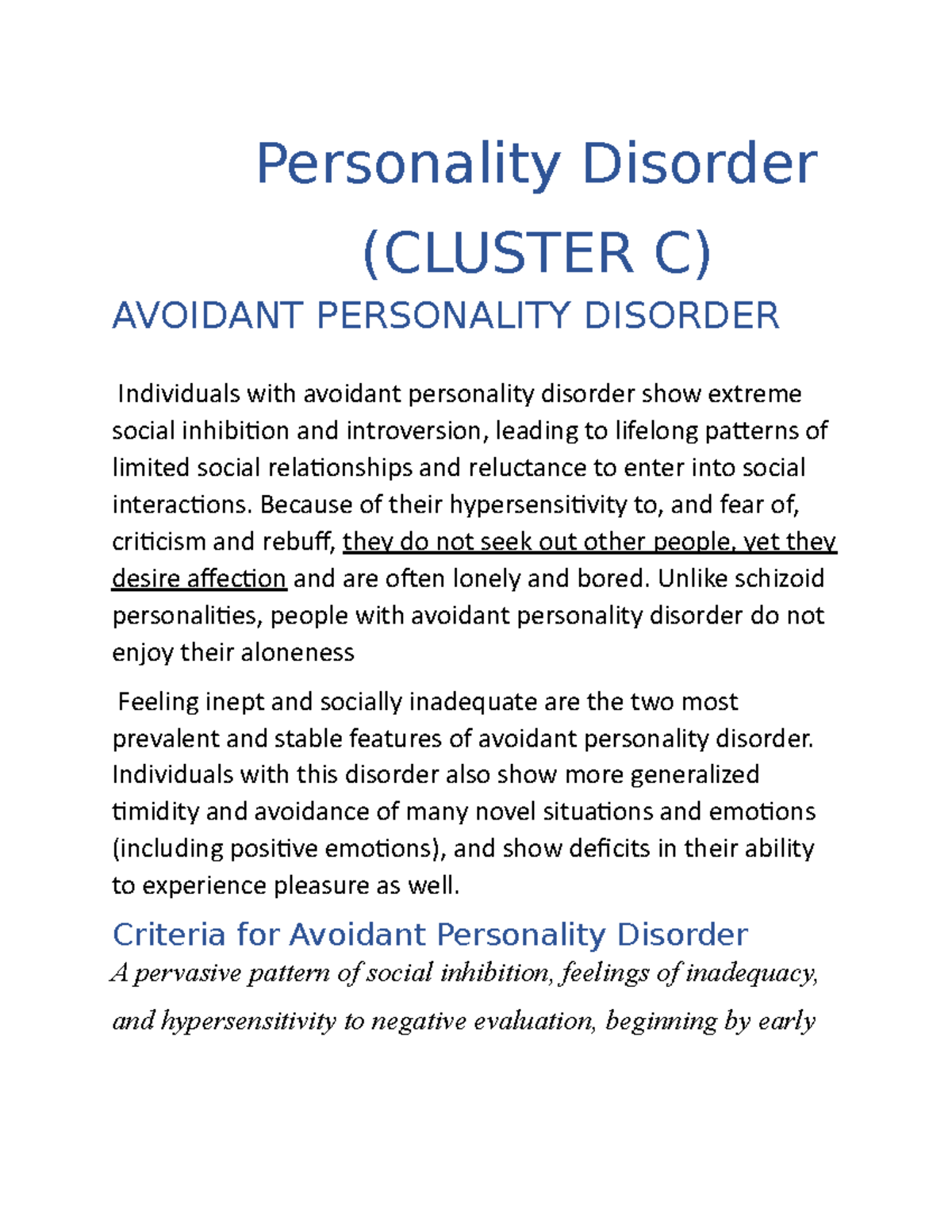 Personality Disorder (Cluster C) . Cluster C types and diagnostic ...