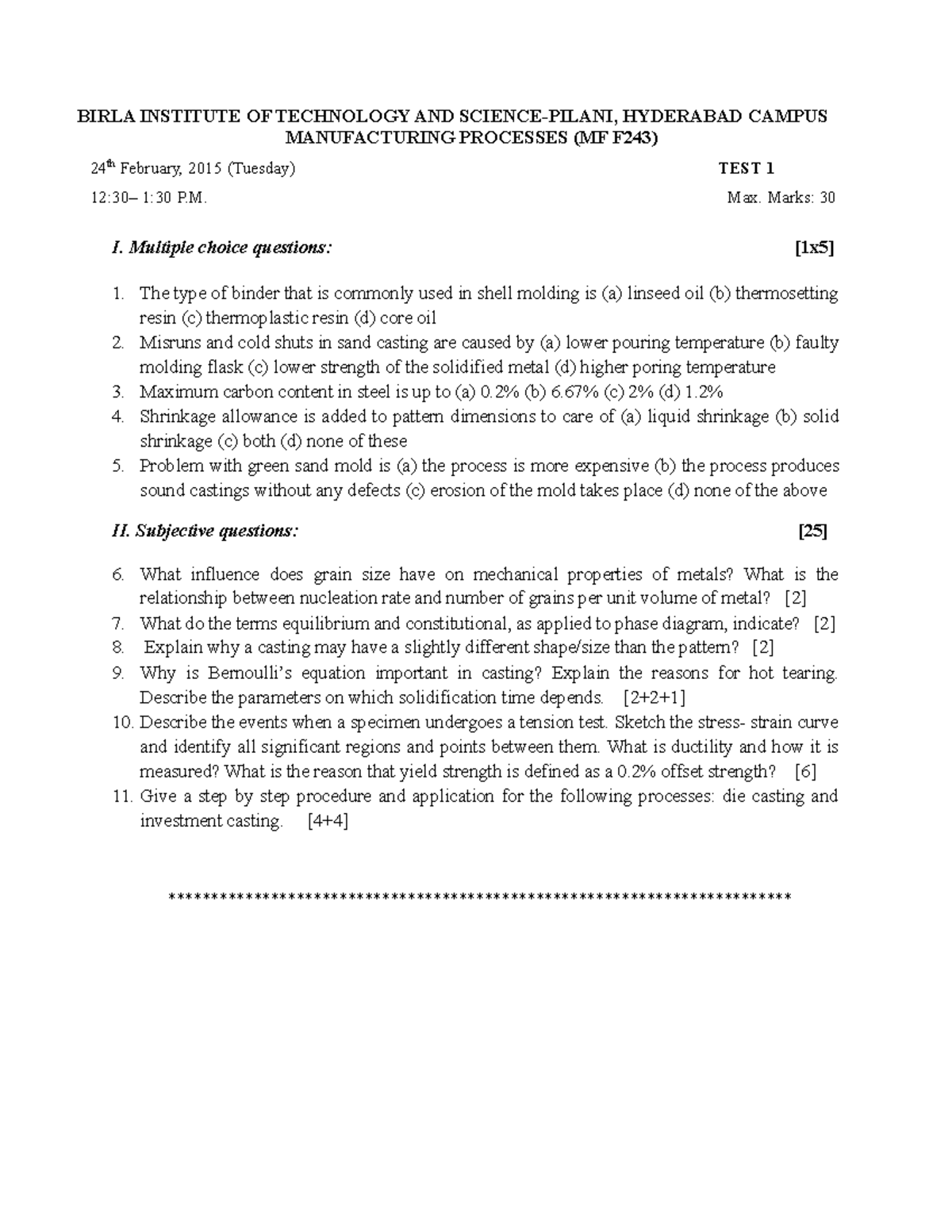 TEST1 QP MF F243 - manufacturing processes - BIRLA INSTITUTE OF ...