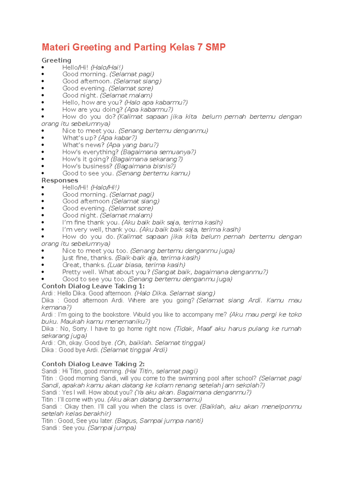 Materi Greeting and Parting Kelas 7 SMP - (Selamat pagi) Good afternoon ...