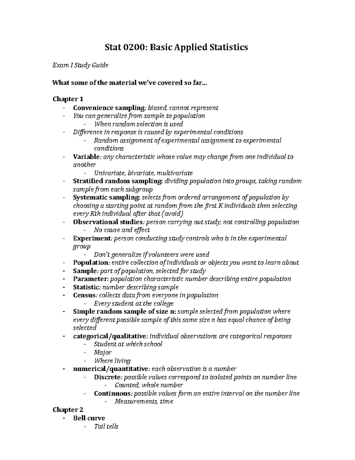 Stat 0200 F2022 Exam I Study Guide - Stat 0200: Basic Applied ...