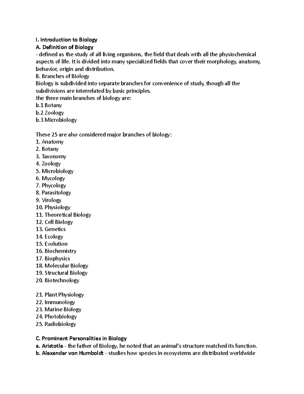 INTRODUCTION TO BIOLOGY BEED - I. Introduction to Biology A. Definition ...