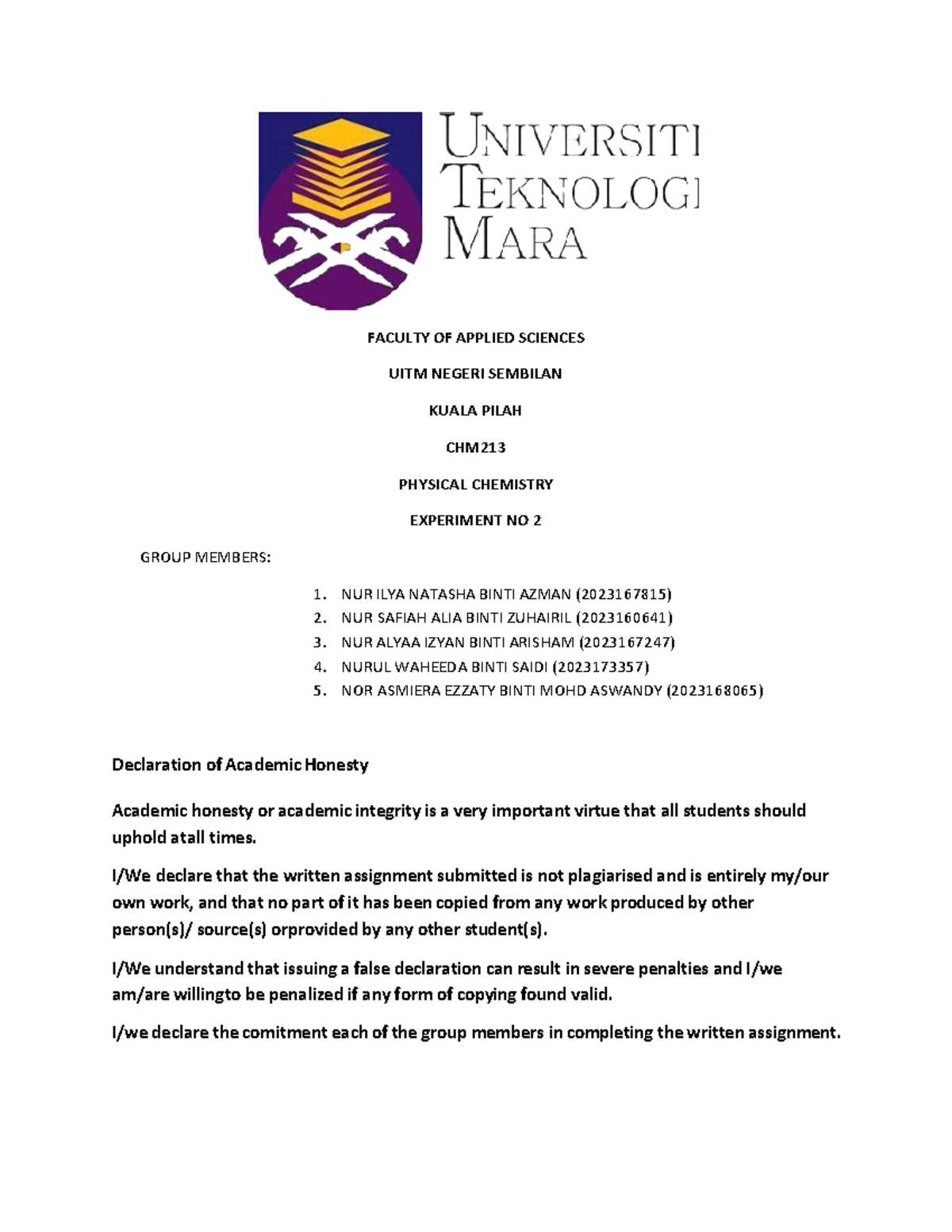 LAB Report 2 CHM213 ILYA(1) - FACULTY OF APPLIED SCIENCES UITM NEGERI ...