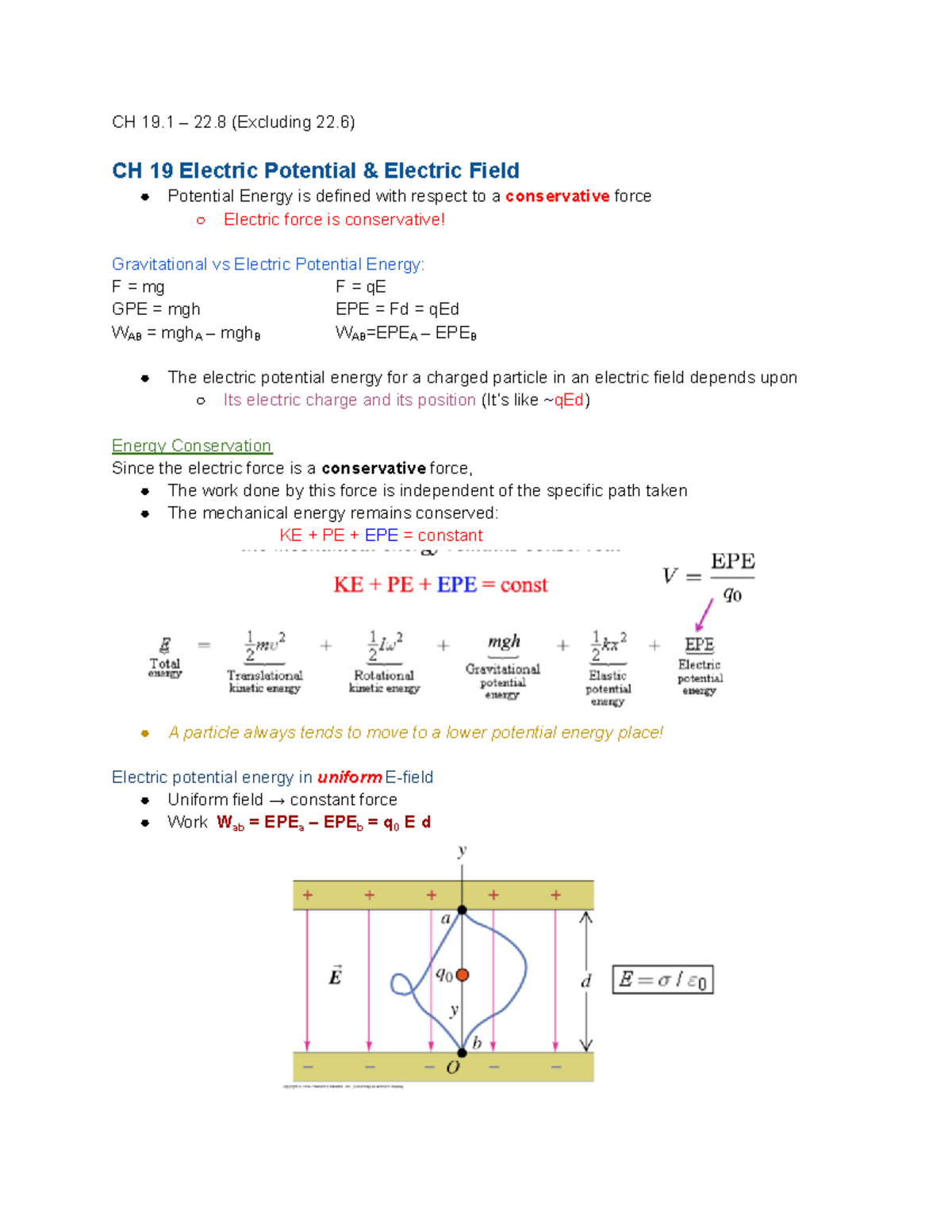 Physics Exam #2 Study Guide - CH 19 – 22 (Excluding 22) CH 19 Electric ...