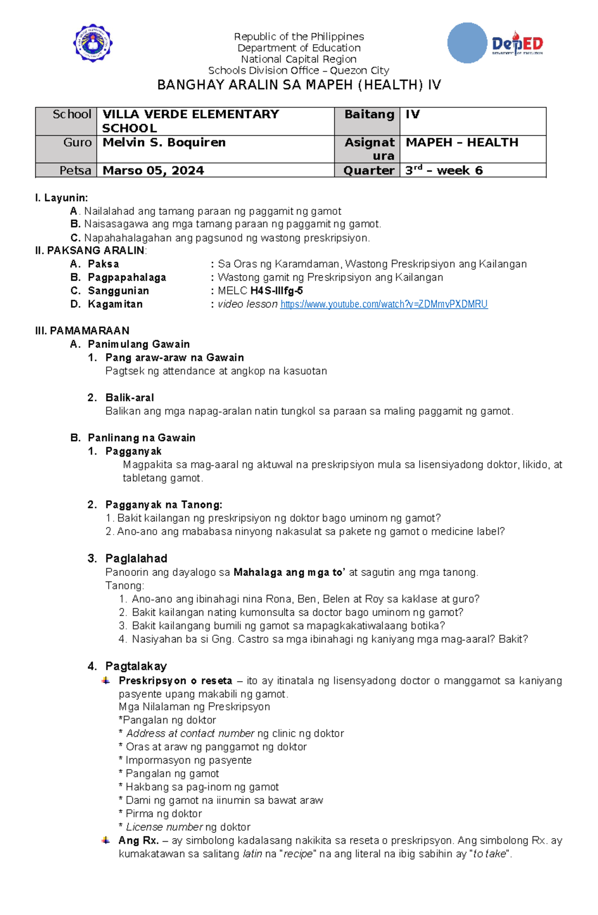 LP Health 4 VVES (04 04 2024) - Republic of the Philippines Department ...