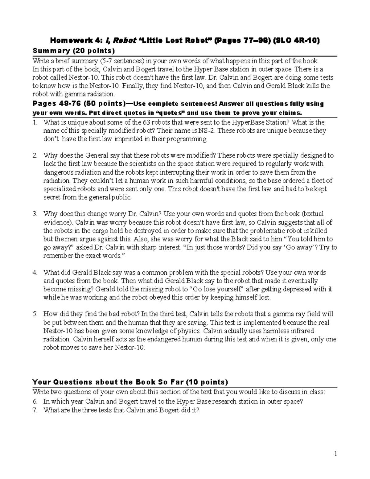 I Robot Homework 4-2 - the answer to the reading - Homework 4: I, Robot ...