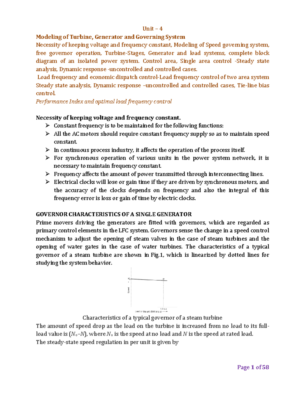 UNIT-4-PSAC - Unit of power system - Unit – 4 Modeling of Turbine, Generator and Governing ...