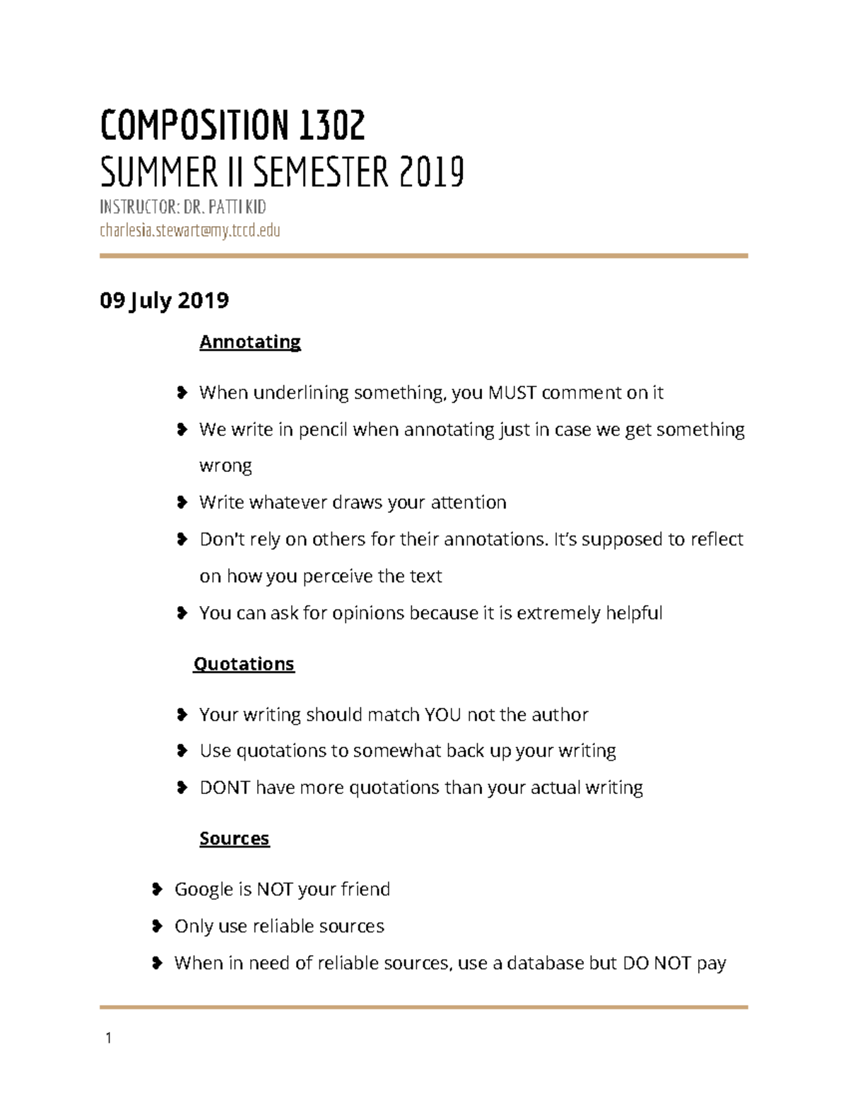 Class notes - COMPOSITION 1302 SUMMER II SEMESTER 2019 INSTRUCTOR: DR ...