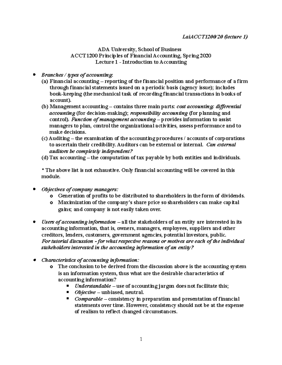 ACCT1200(20) Lecture & Tutorial 1 Introductory lecture - Financial ...