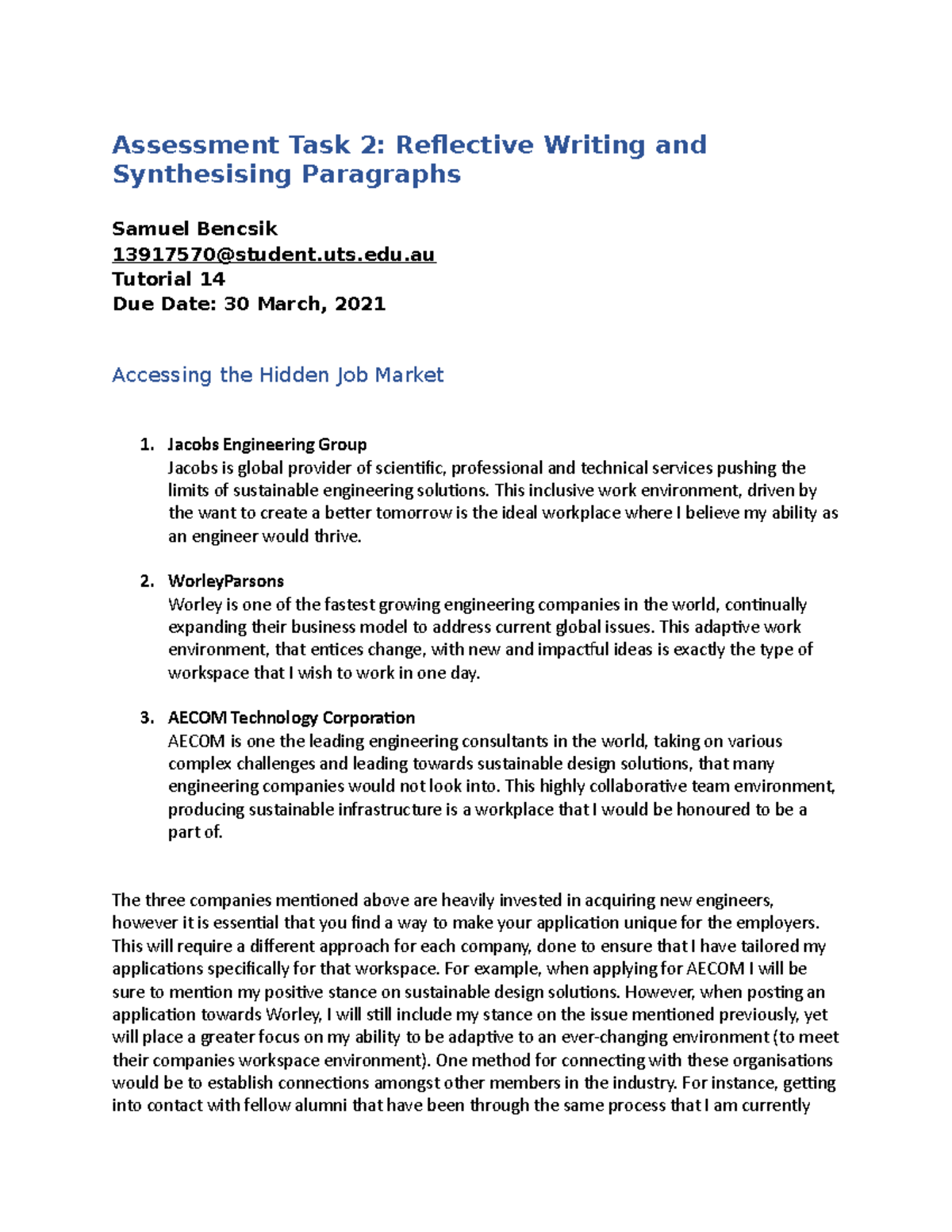 Bencsik 13917570 Reflective Writing - Assessment Task 2: Reflective ...