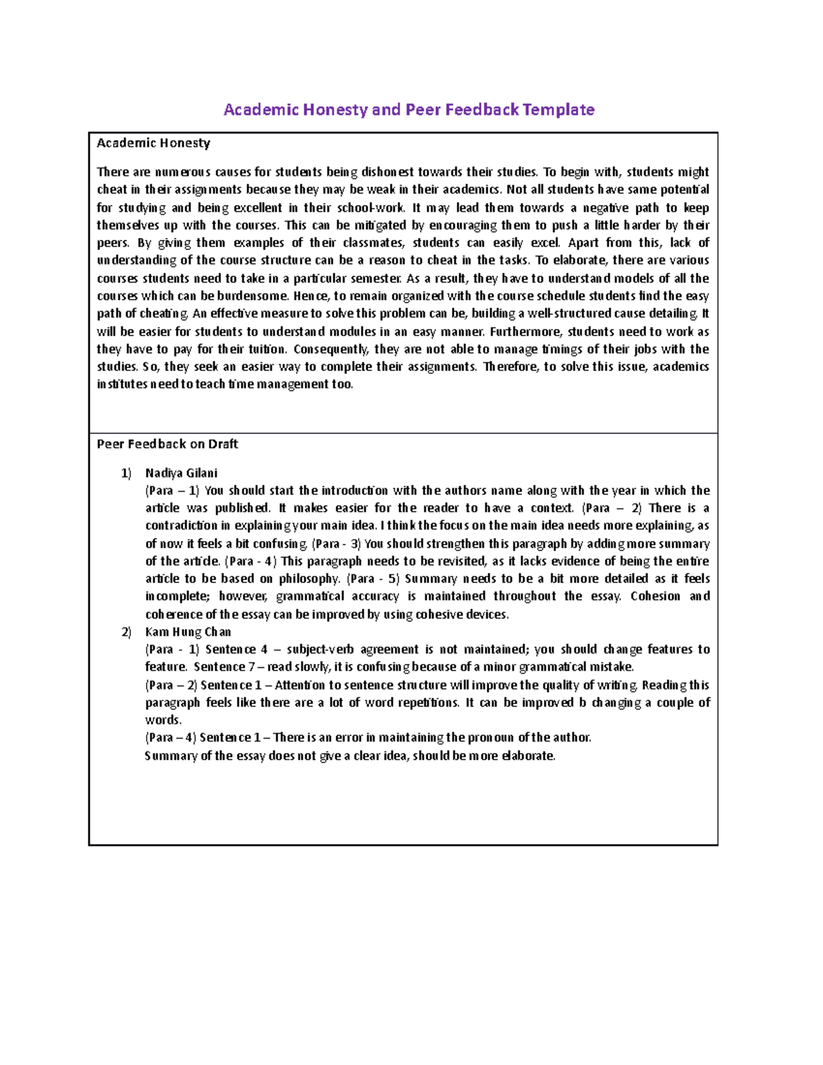 Academic Honesty and Peer Feedback - To begin with, students might ...