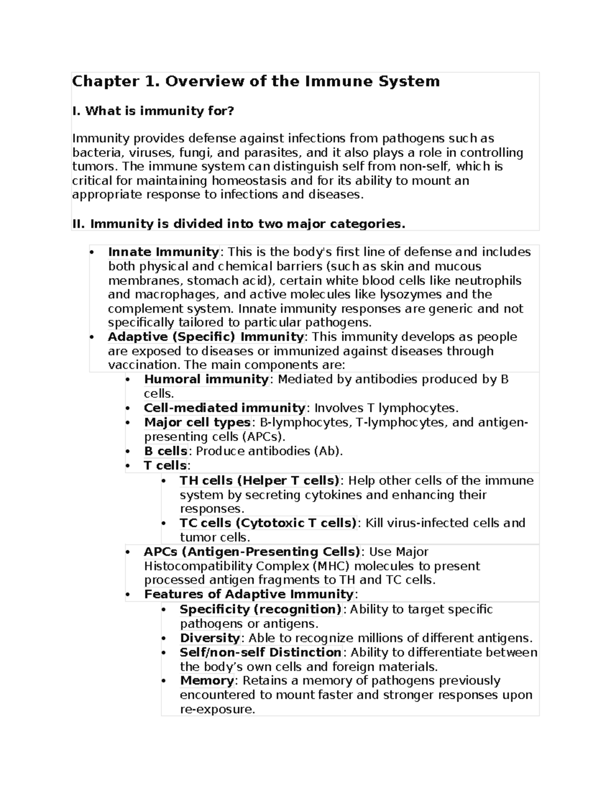 Chapter 1 Final Notes - Chapter 1. Overview of the Immune System I ...